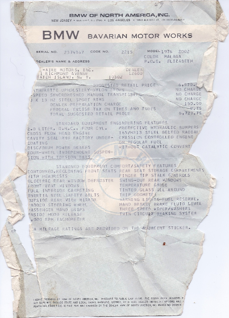 Original Window Sticker |﻿ BMW 2002 and other '02