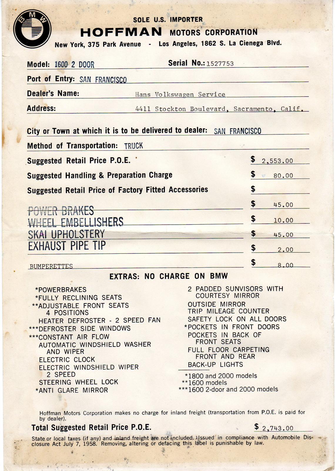 Original Window Sticker |﻿ BMW 2002 and other '02