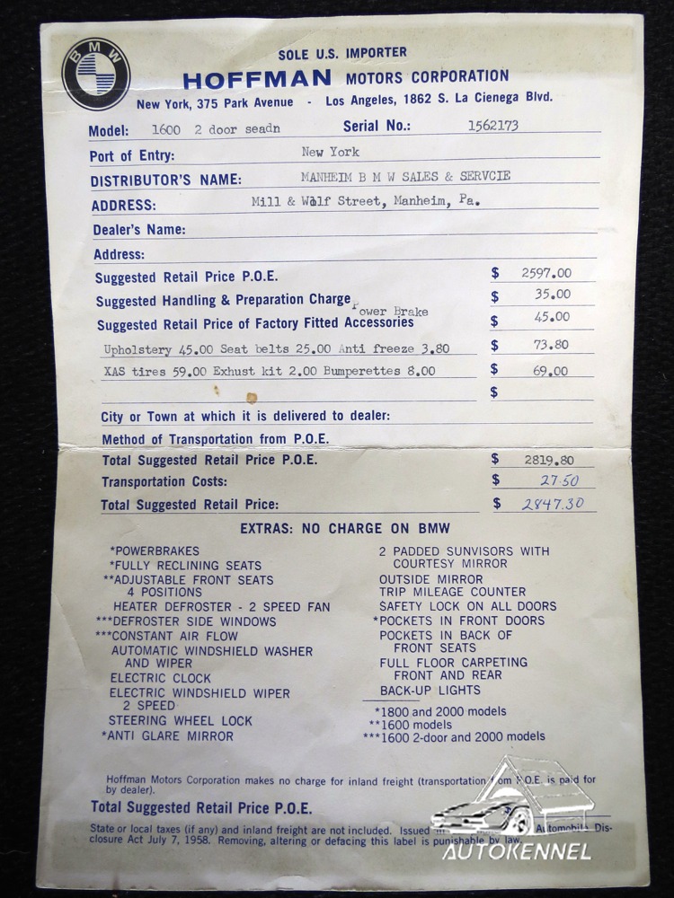 My new 1600 project came with original window sticker |﻿ BMW 2002 and ...