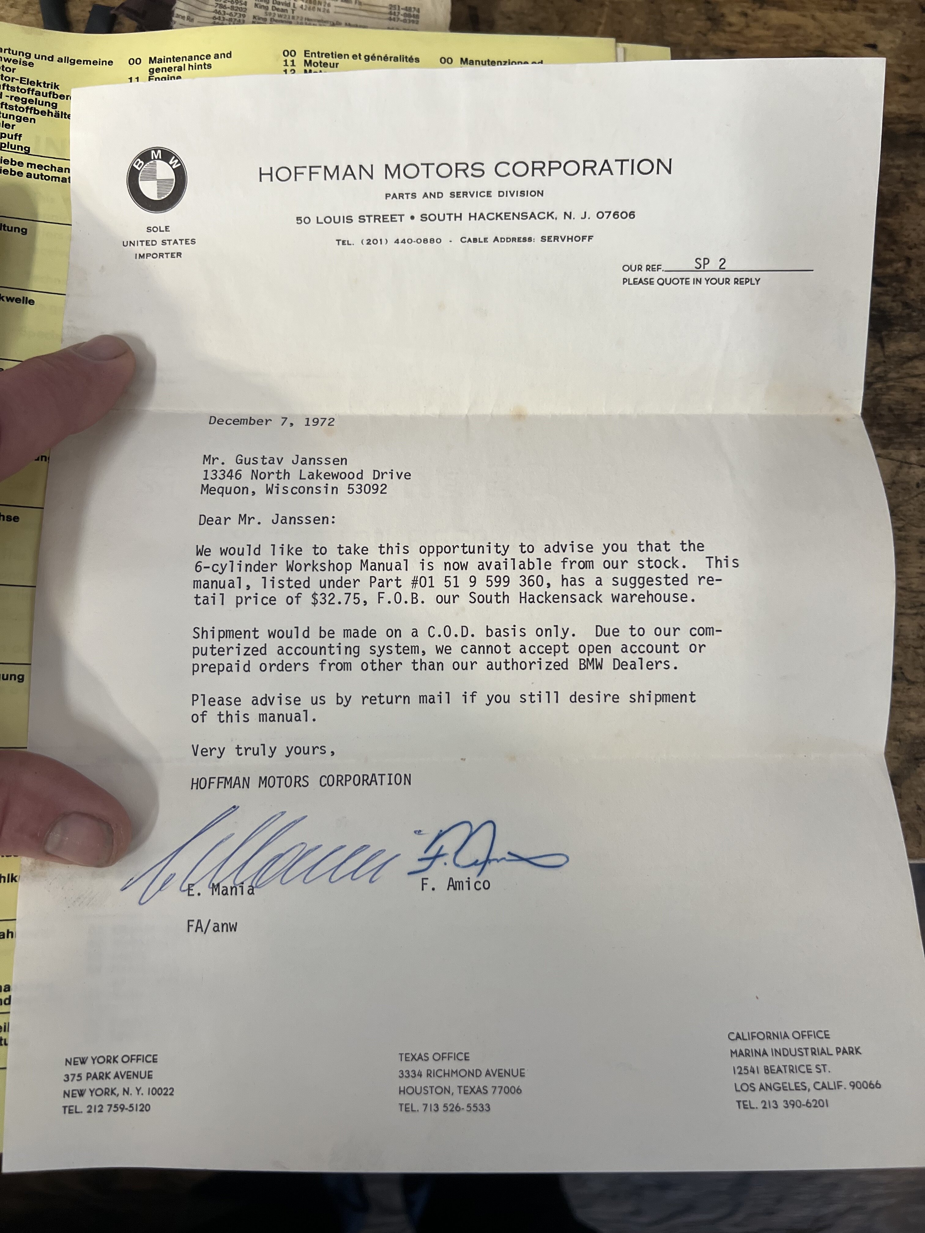 Slightly OT, original Hoffman letter found in service manual |﻿ BMW ...