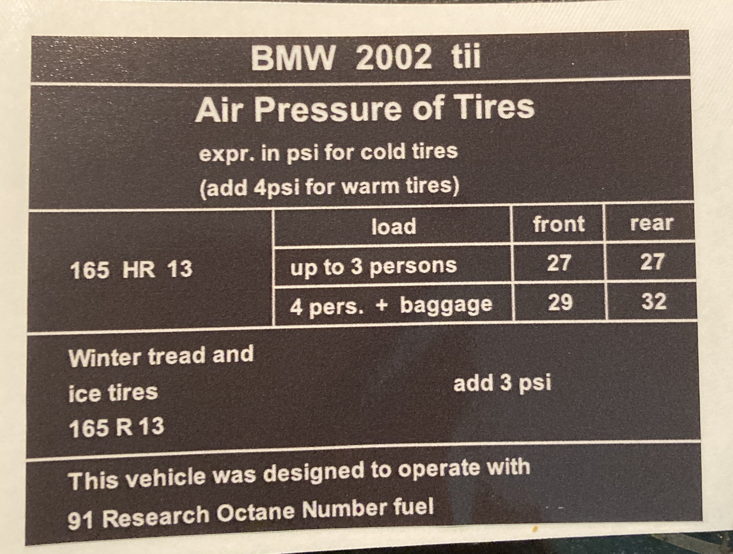 tii tire pressure sticker |﻿ BMW 2002 and other '02